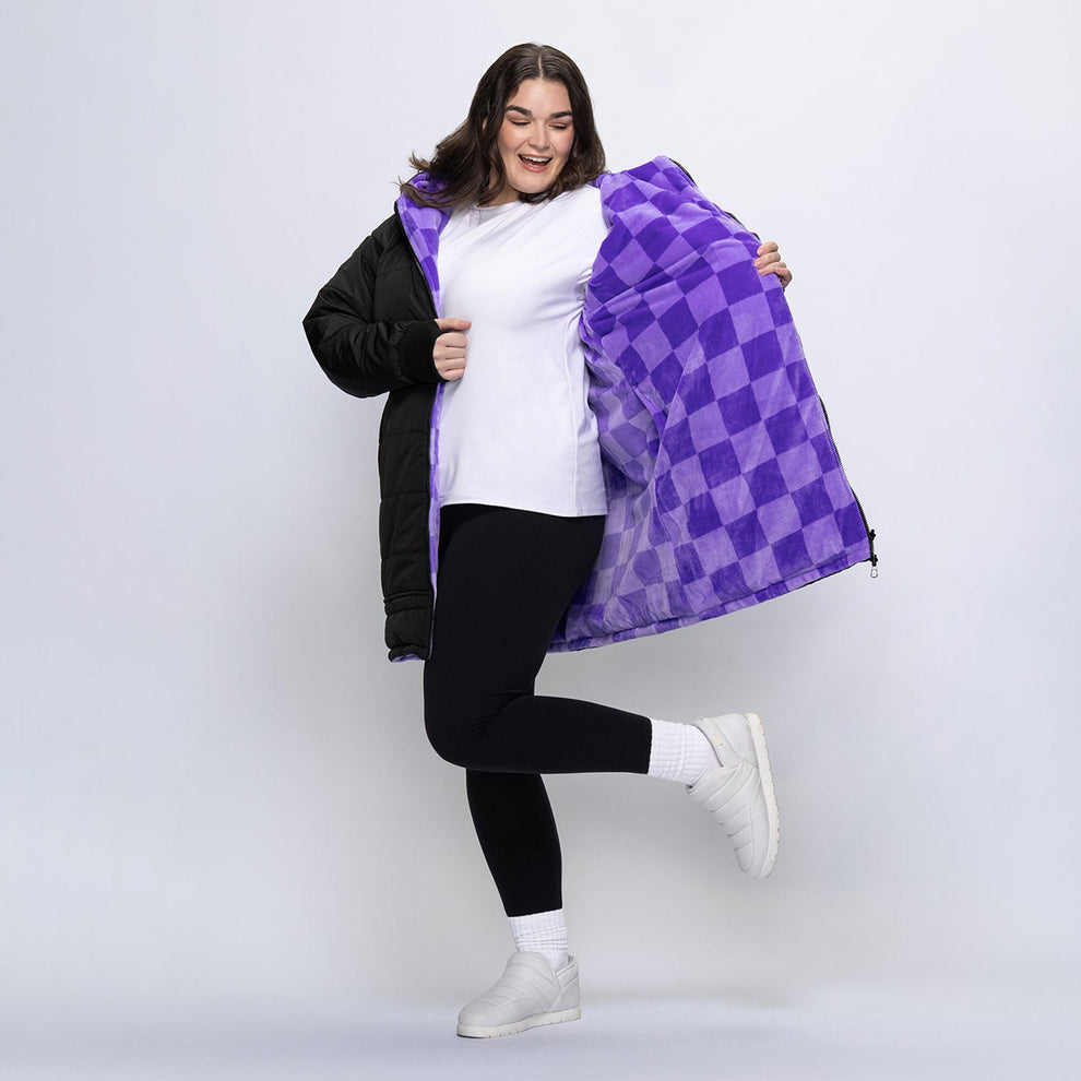 Black/Lilac Checker Print Long Puffer Jacket – The Oodie USA